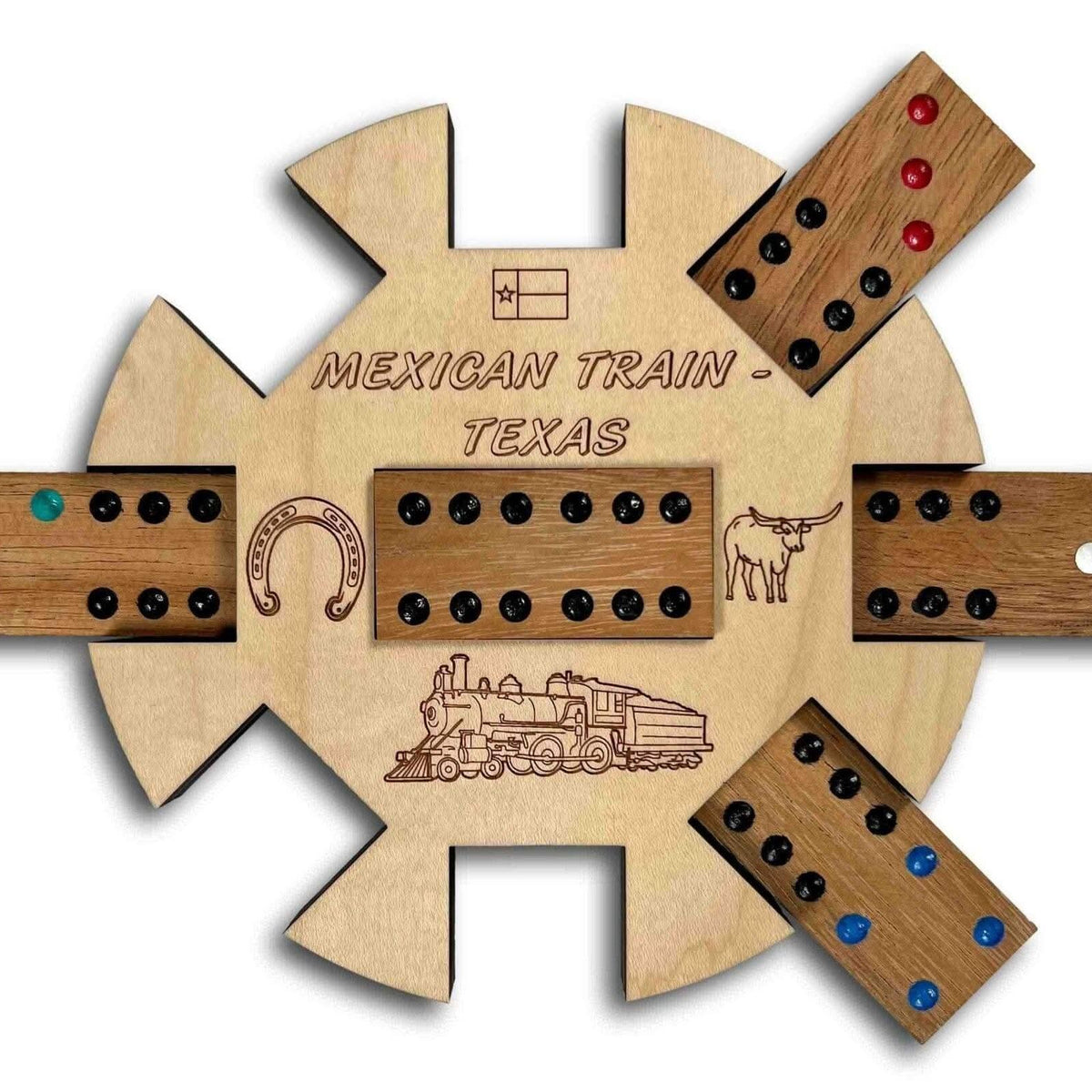 Mexican Train Texas Edition – Wooden Domino Game Hub & Tokens ...