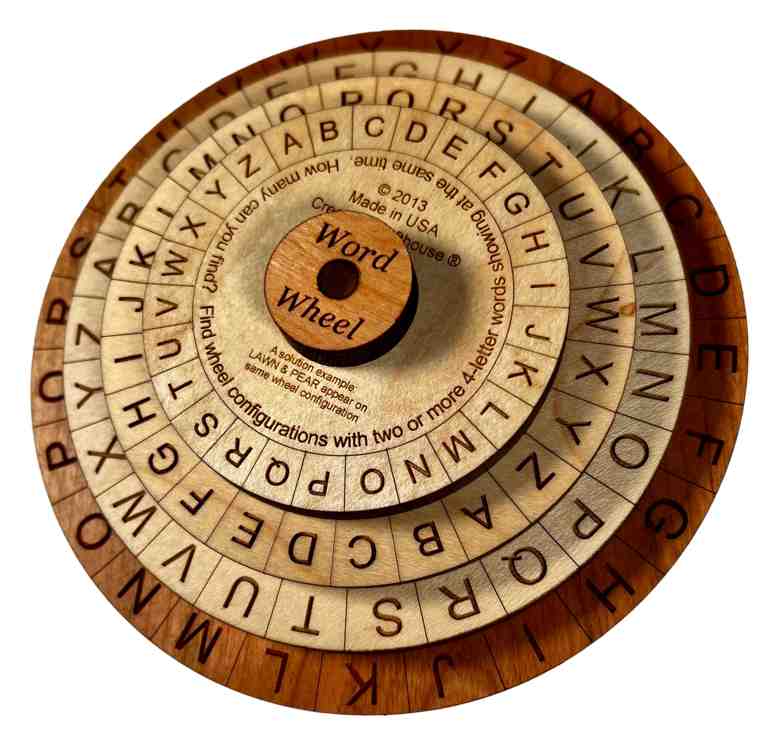 Word Wheel Wood Puzzle mix of Scrabble Word Search Brain Teaser